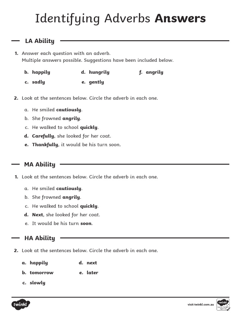 Identifying Adverbs Differentiated Activity Answers | PDF