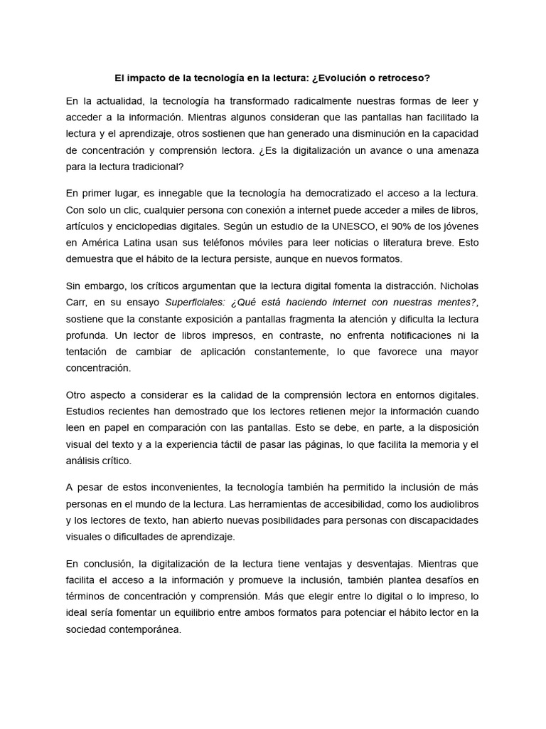 Impacto de la tecnología en la lectura | PDF