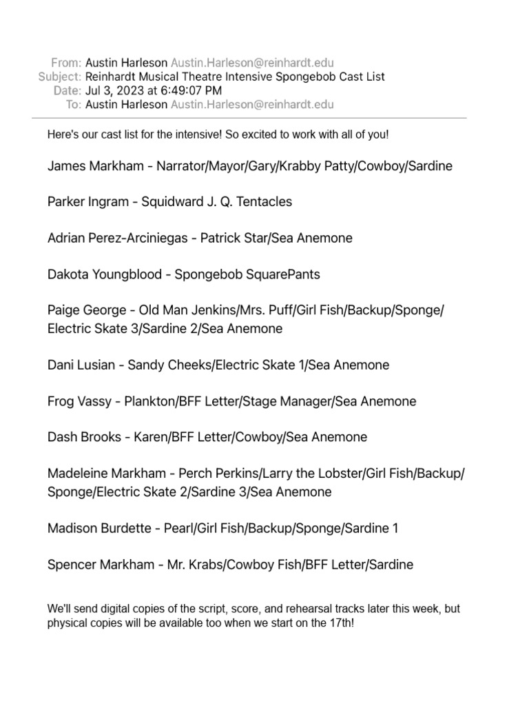 Reinhardt Musical Theatre Intensive Spongebob Cast List | PDF