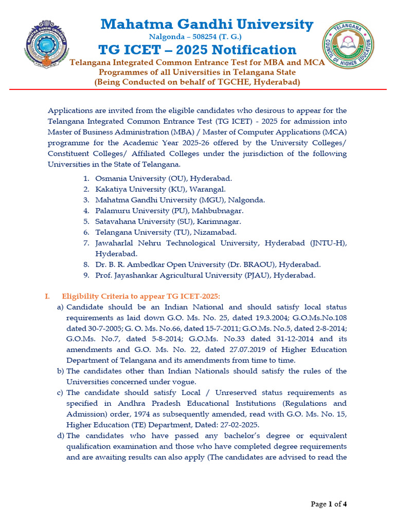 TG ICET 2025 - Notification | PDF | Academic Degree | Master Of ...