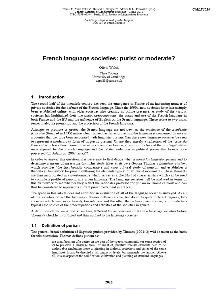 French Language Societies: Purism vs. Moderation | PDF | Lexicon ...
