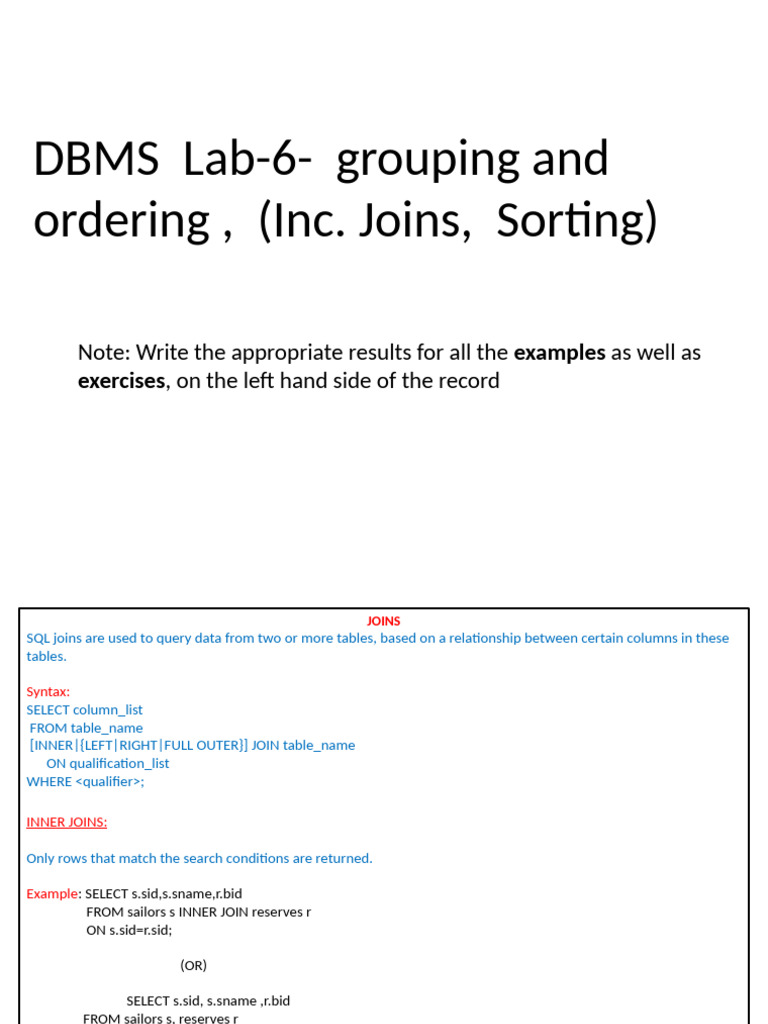 DBMS Lab 6 - Gping, Ordering (Joins and Sorting) | PDF | Data Management | Data