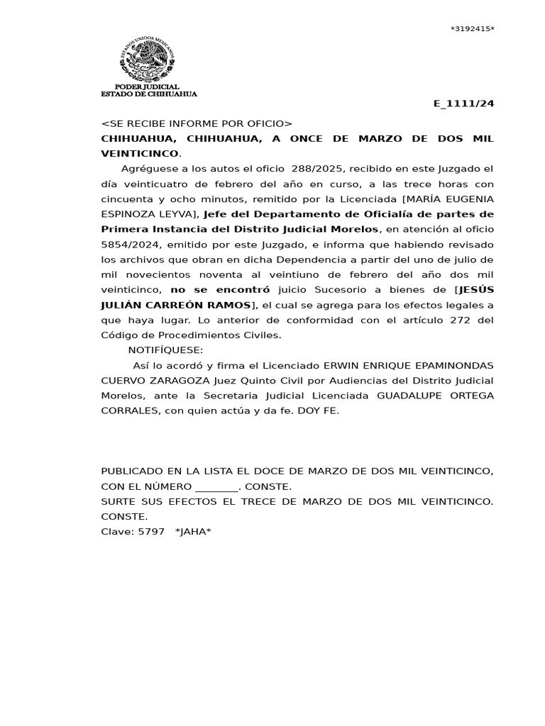 111124-Se Recibe Informe Por Oficio | PDF