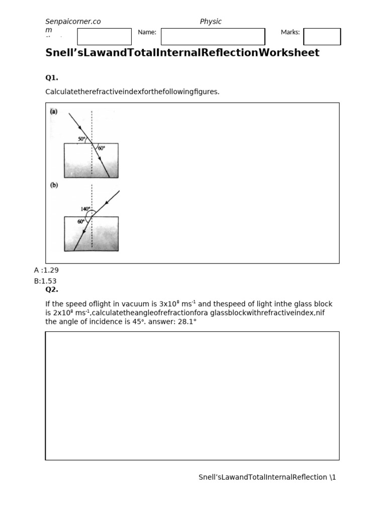 Form 4 Chapter 5 - Snell - S Law and Total Internal Reflection | PDF | Refraction | Physical ...