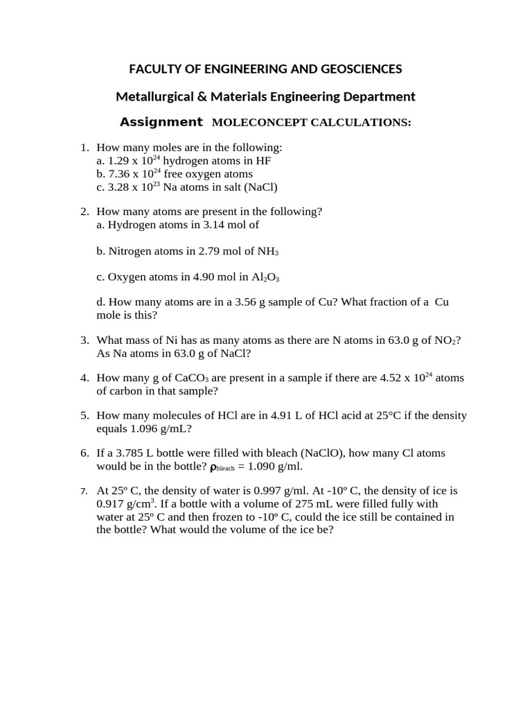 MOLE CONCEPT CALCULATIONS classwork 22 | PDF