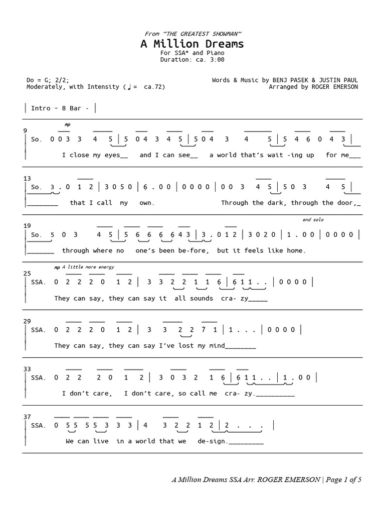A Million Dreams SSA Arrangement | PDF