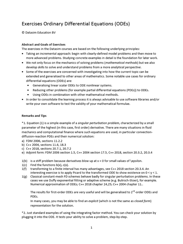 01 Exercises Ordinary Differential Equations (ODEs) | PDF | Partial Differential Equation ...