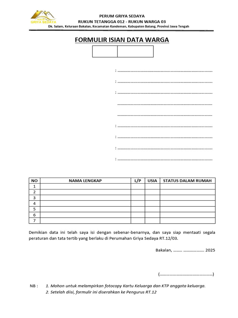Formulir Data Warga Griya Sedaya | PDF