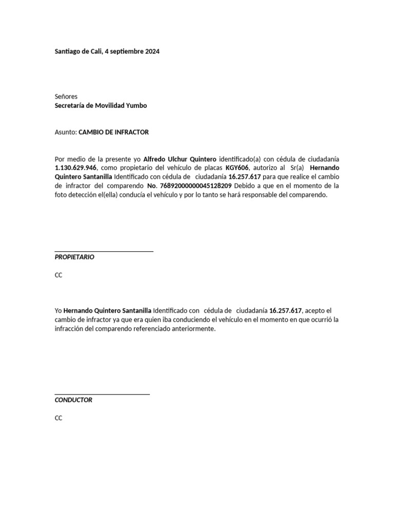 Autorización de Cambio de Infractor | PDF