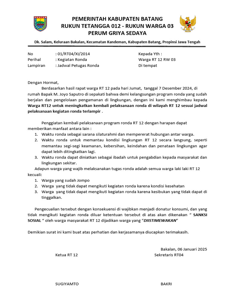 Surat Edaran Ronda RT 12 | PDF