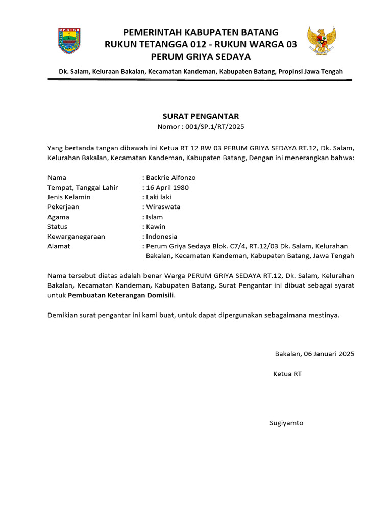 Surat Pengantar RT 12 | PDF