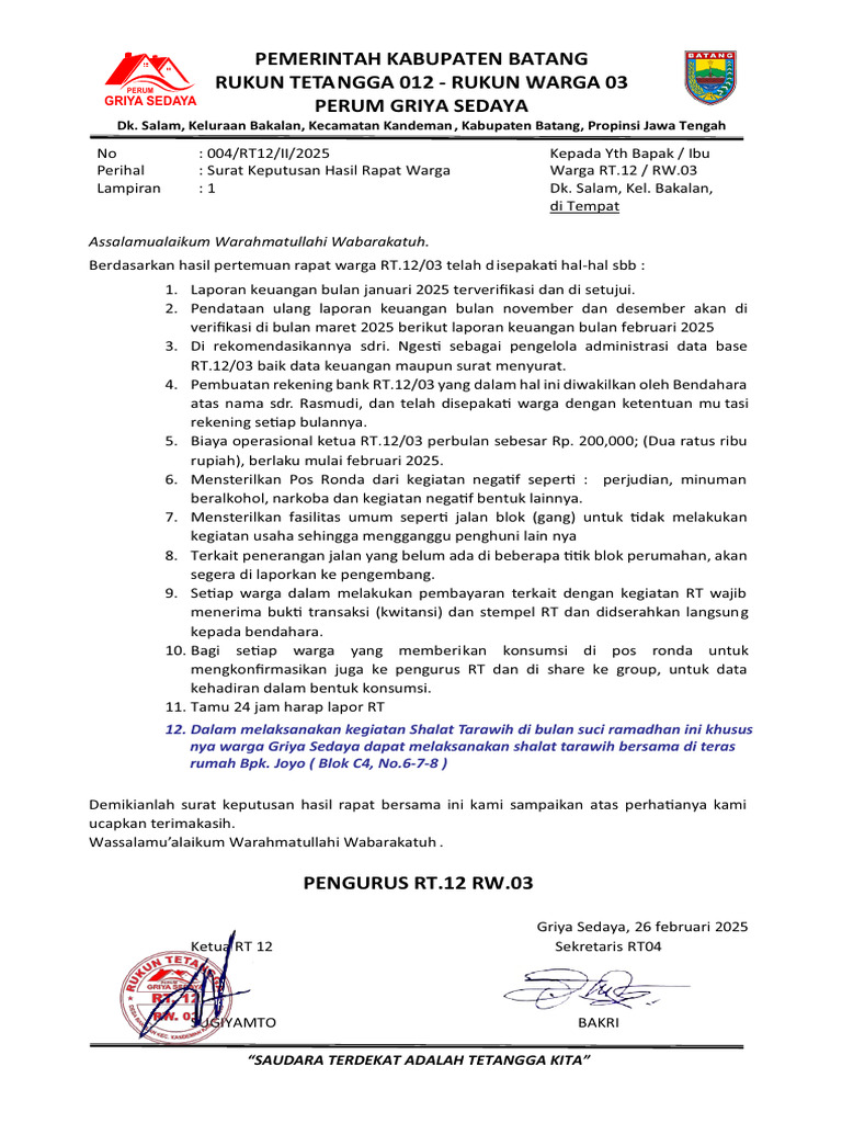 Surat Keputusan Hasil Rapat Warga RT 12 | PDF