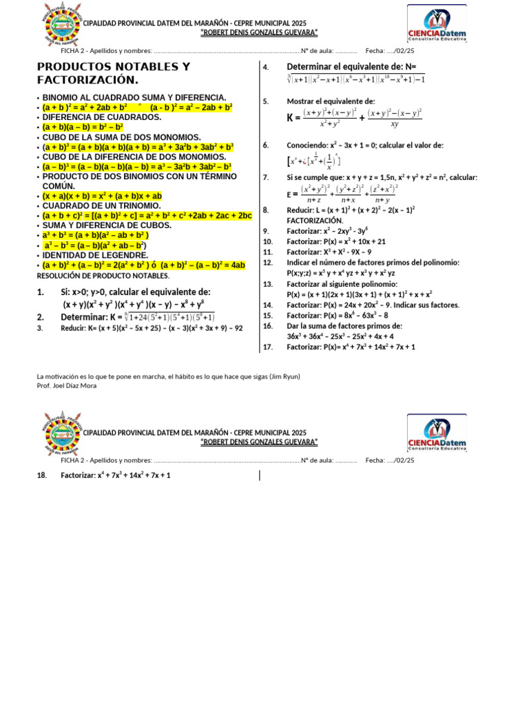 Ficha 03 Producto Notables Factorización Joel Pdf Factorización