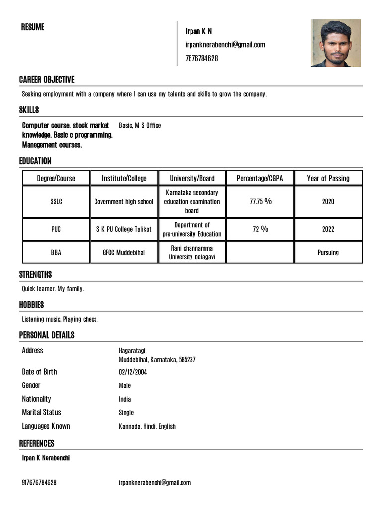 Resume - Irpan K N - Format1 | PDF