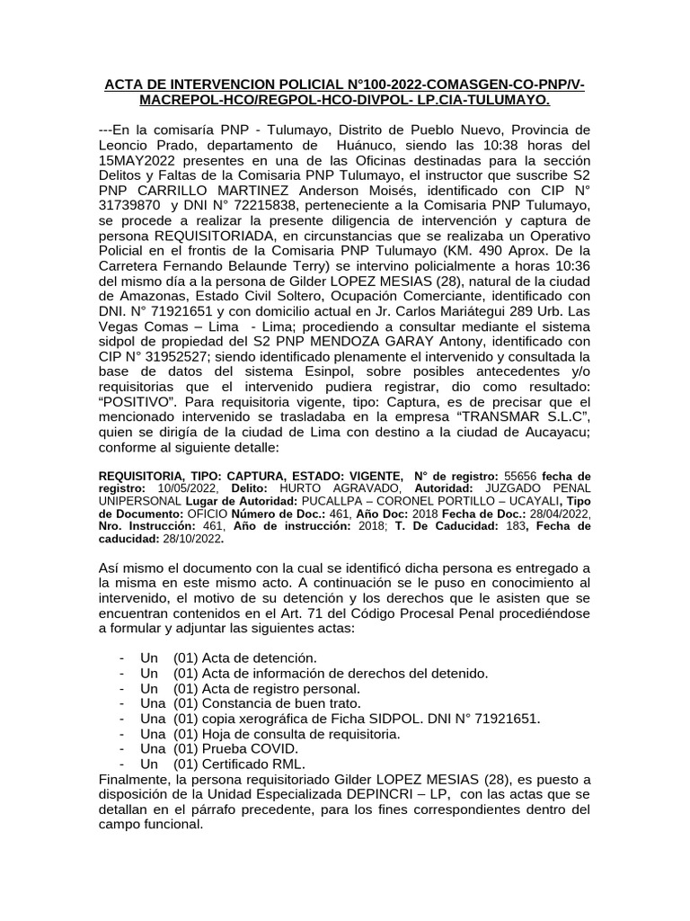 Acta de Intervencion Policial de Requisitoria Hurto Agrabado. | PDF | Fiscal | Justicia