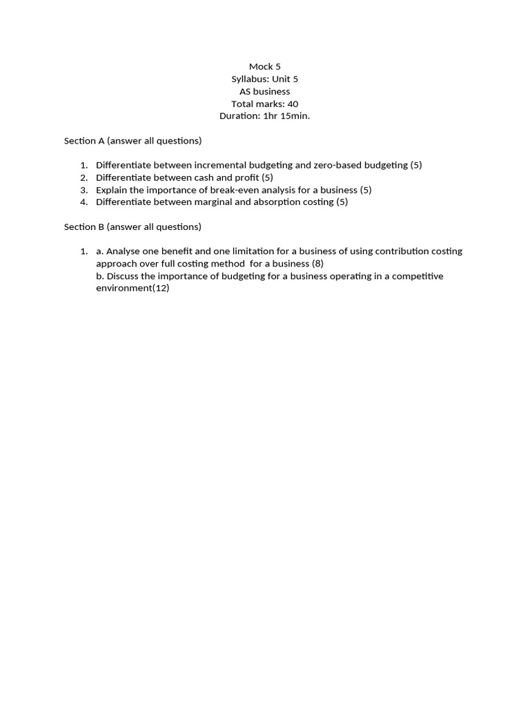 Mock 5 AS Business Syllabus | PDF