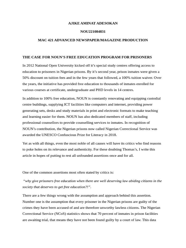 SAMPLE ARGUMENTATIVE ARTICLE ESSAY: The Case For NOUN Free Education ...