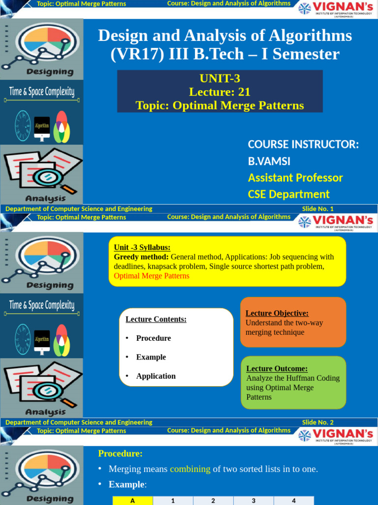 DAA - Lecture 21 - Optimal Merge Patterns | PDF | Code | Computer Programming