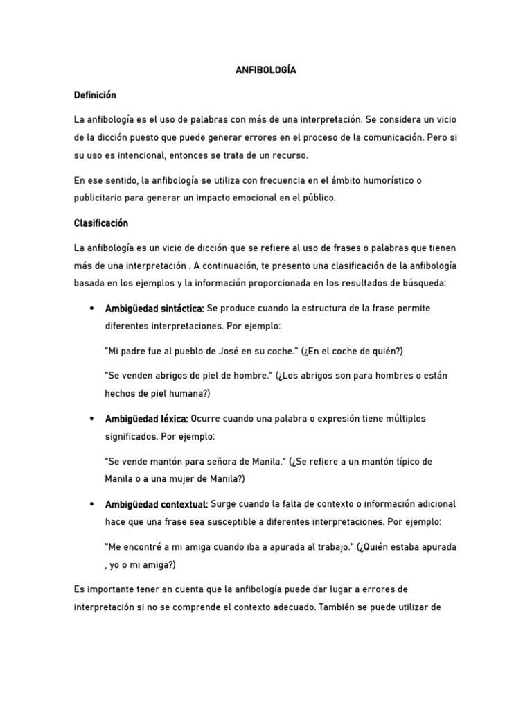 Anfibología: Definición y Ejemplos | PDF | Palabra | Ambigüedad