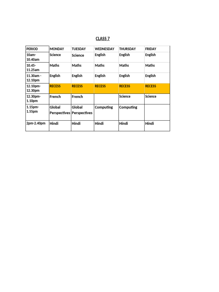 CLASS 7th Time Table 2025-26 | PDF