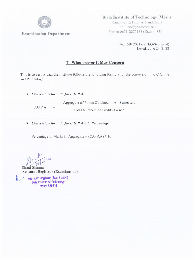 Formula For Conversion Into CGPA and Percentage | PDF