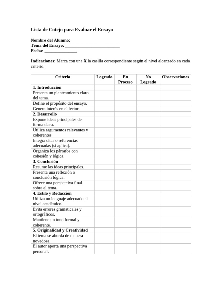 Lista de Cotejo para Ensayos y Exposiciones | PDF | Ensayos | Comunicación humana