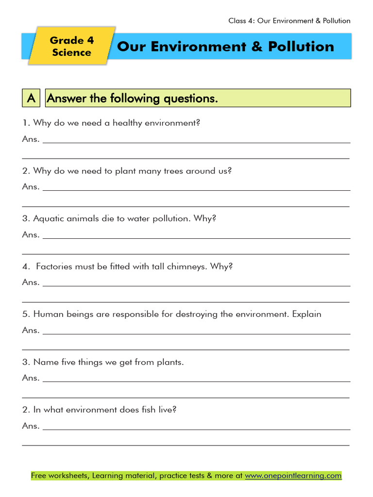 Class 4 Environmental Studies Worksheet | PDF | Pollution | Natural ...