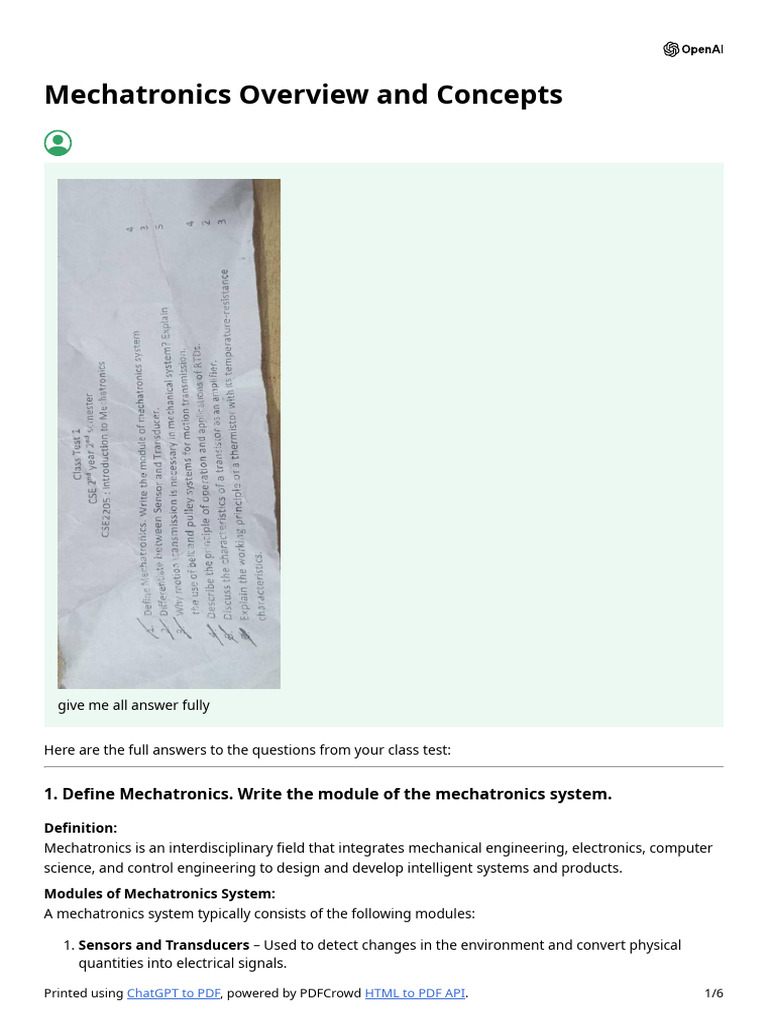 Mechatronics Overview and Concepts | PDF | Electric Motor | Amplifier