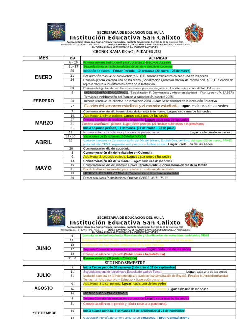 Cronograma Actividades 2025 Iesc | PDF | Escuelas | Educación primaria