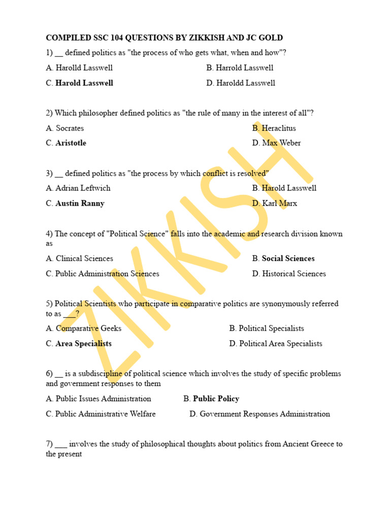 Compiled SSC 104 Questions by Zikkish and JC Gold | PDF | Government ...