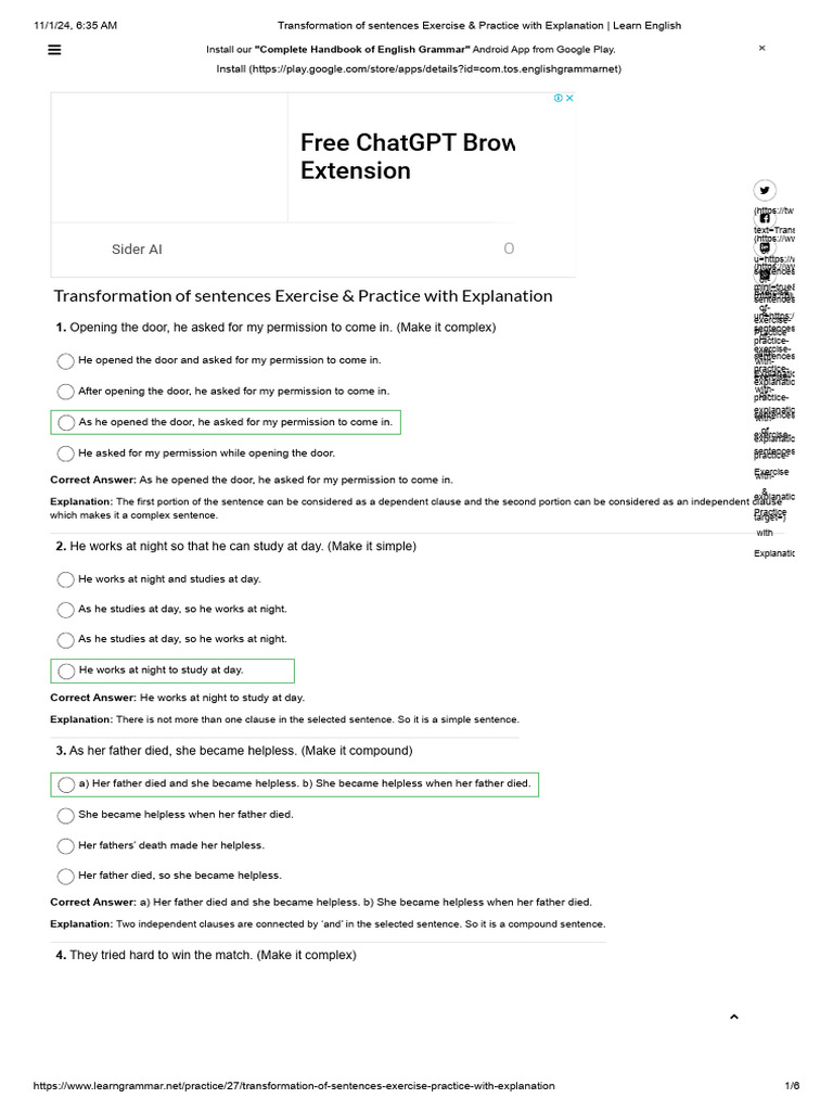 Sentence Transformation Exercises for English | PDF | Sentence ...