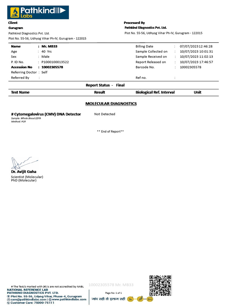 Pathkind Lab Report for Mr. MB33 | PDF