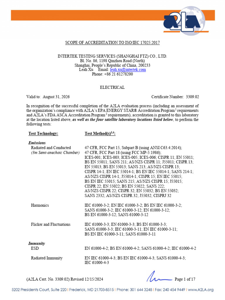 Accréditation A2LA pour Intertek 3309.02 | PDF | Commission ...