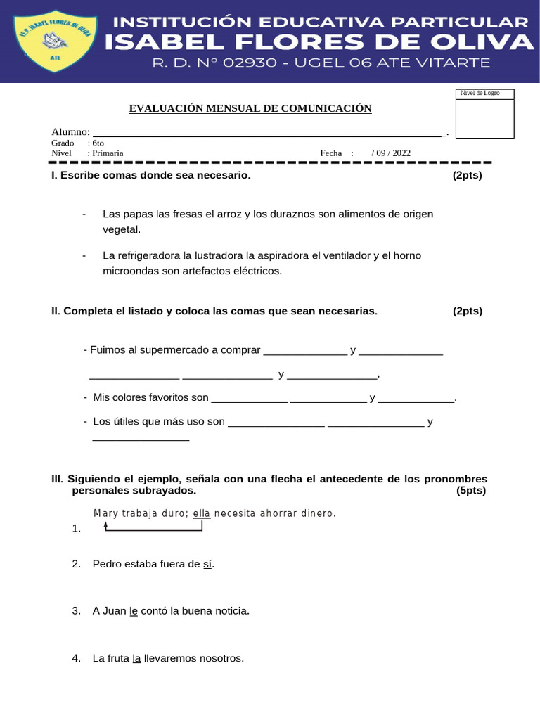 EVALUACIÓN BIMESTRAL I COMUNICACIÓN - 3° PRIM | PDF | Alimentos