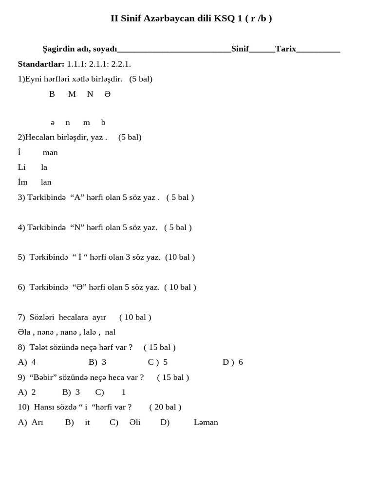 II Sinif Azərbaycan Dili KSQ 1 | PDF