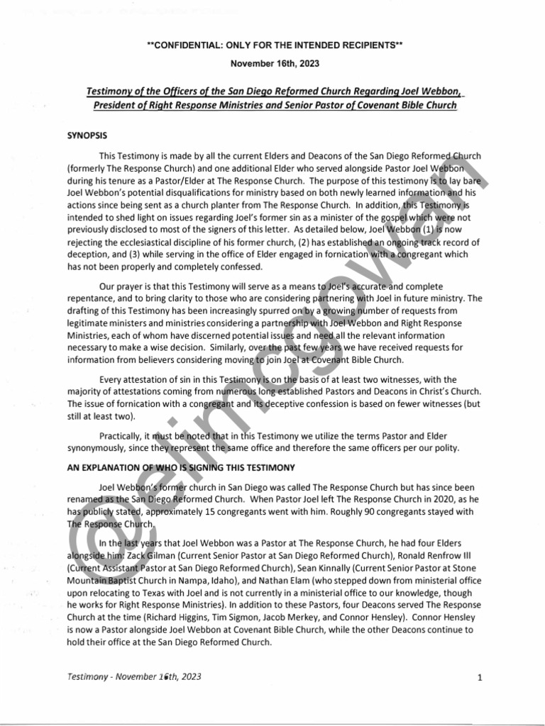 Testimony Regarding Joel Webbon | PDF | Elder (Christianity) | Deacon