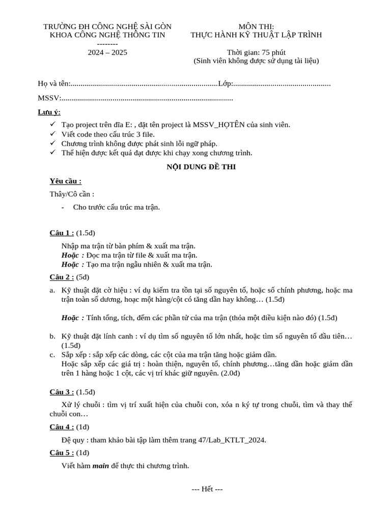 Cấu Trúc Đề Thi Thực Hành KTLT | PDF