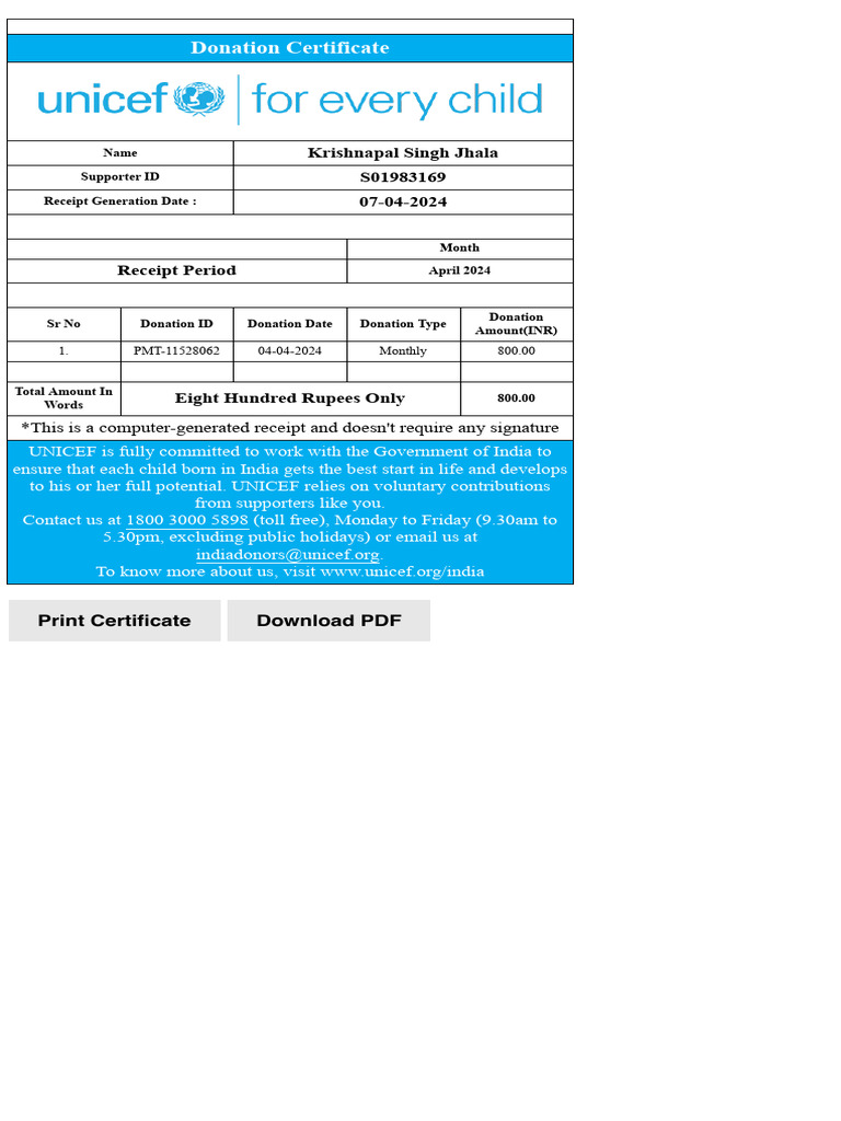 UNICEF Donation Certificate Download | PDF
