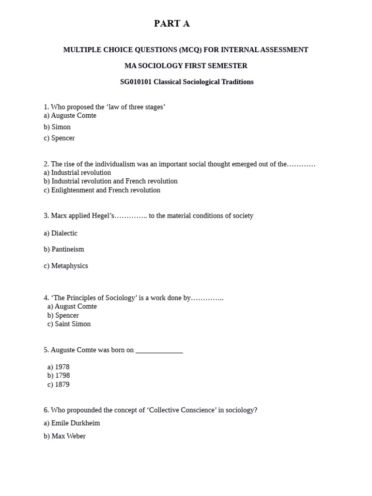 MCQs on Classical Sociological Tradition | PDF | Sociology | Émile Durkheim