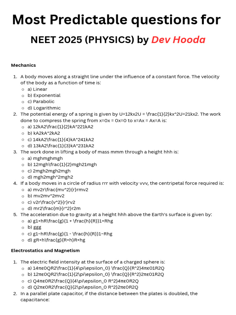 NEET 2025 Predictable Physics Questions | PDF | Wavelength | Force