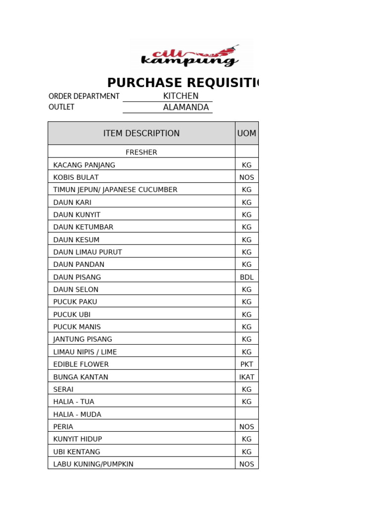 Purchase Requisition for Alamanda Kitchen | PDF | Curry | Food Ingredients