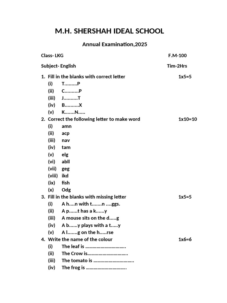 LKG English Exam Paper 2025 | PDF