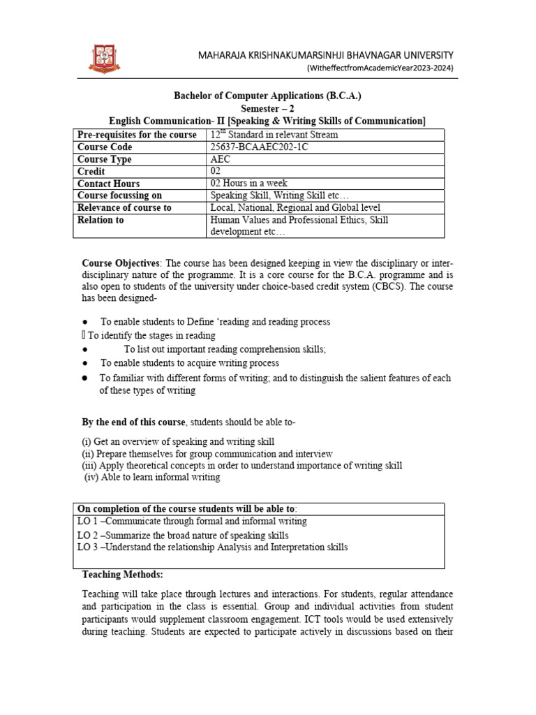 BCA - Sem - 2 AEC - 25637 - English Communication - II (Speaking & Writing Skills of ...