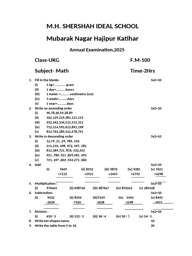 LKG Math Mhs Final | PDF