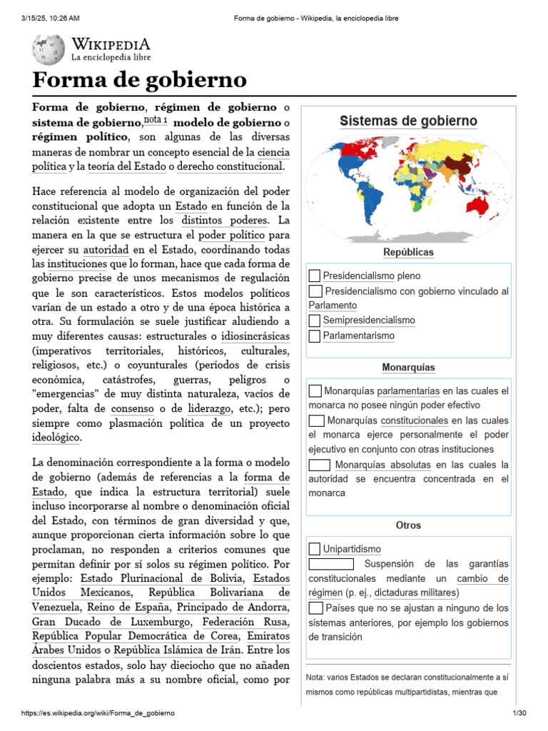Forma de Gobierno - Wikipedia, La Enciclopedia Libre | PDF | Gobierno | Ejecutivo (gobierno)