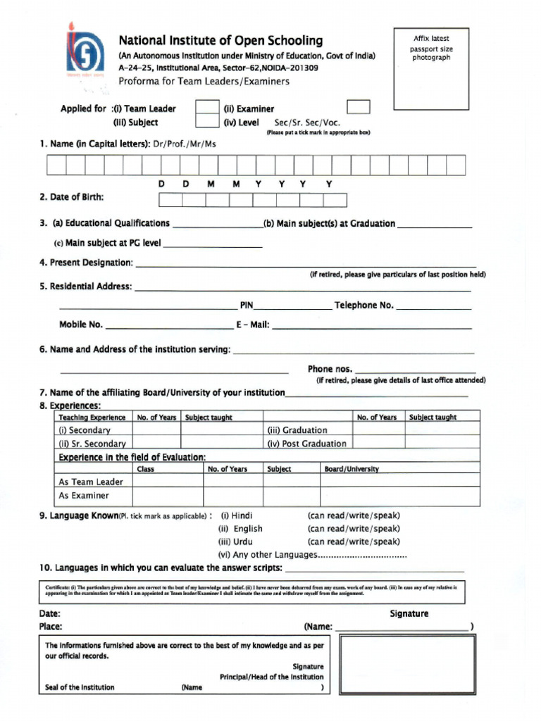 Proforma For Empanelment of Team Leaders, Evaluators & External Examiners With Other Details ...