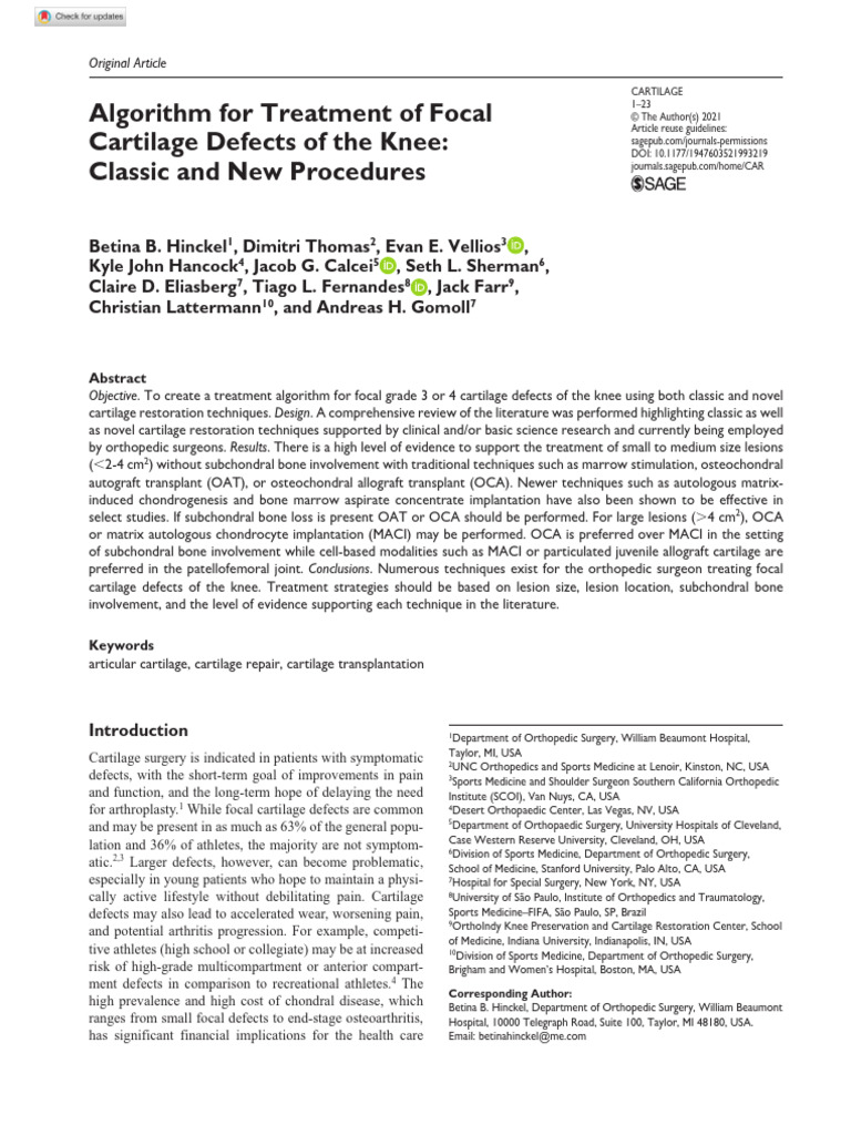 Algorithm For Treatment of Focal Cartilage Defects of The Knee Classic ...