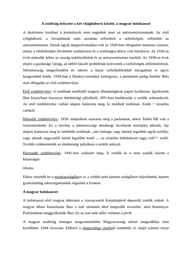 Zsidóság A Két Világháború Között A Magyar Holokauszt | PDF
