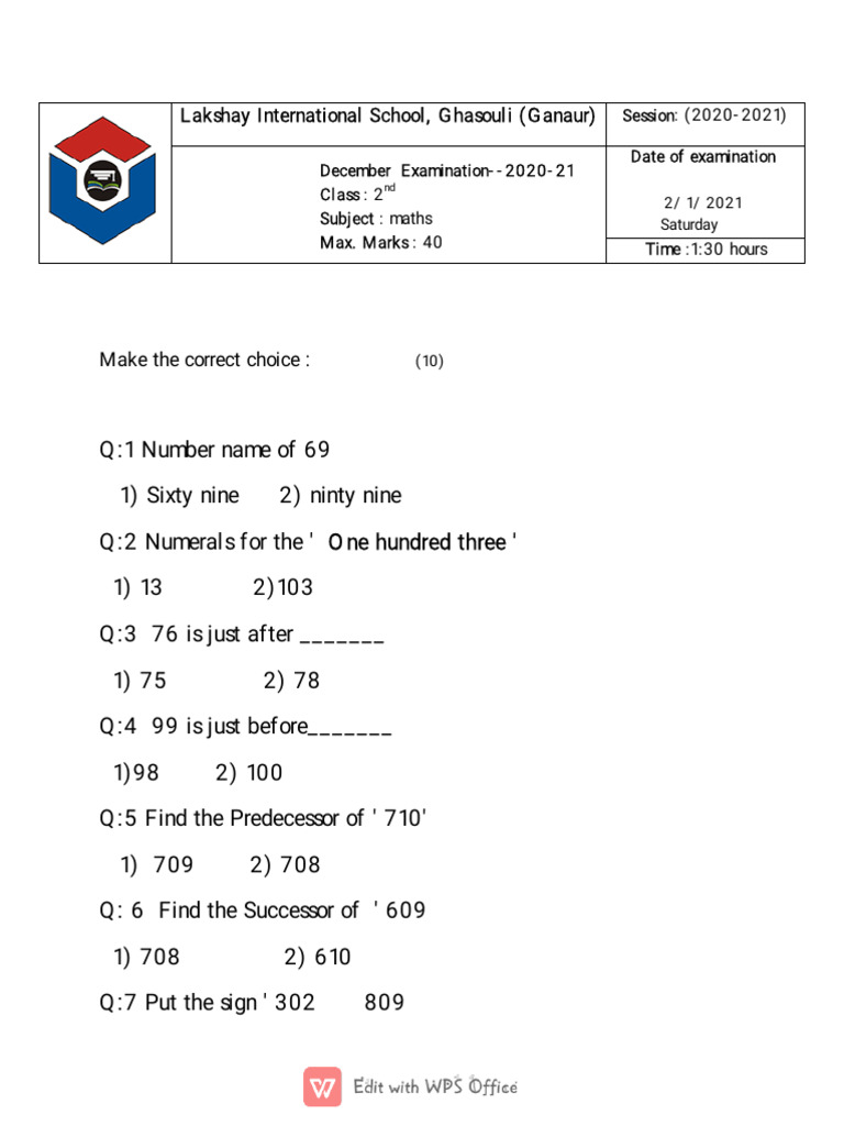 Class 2 Maths Exam Practice Questions | PDF