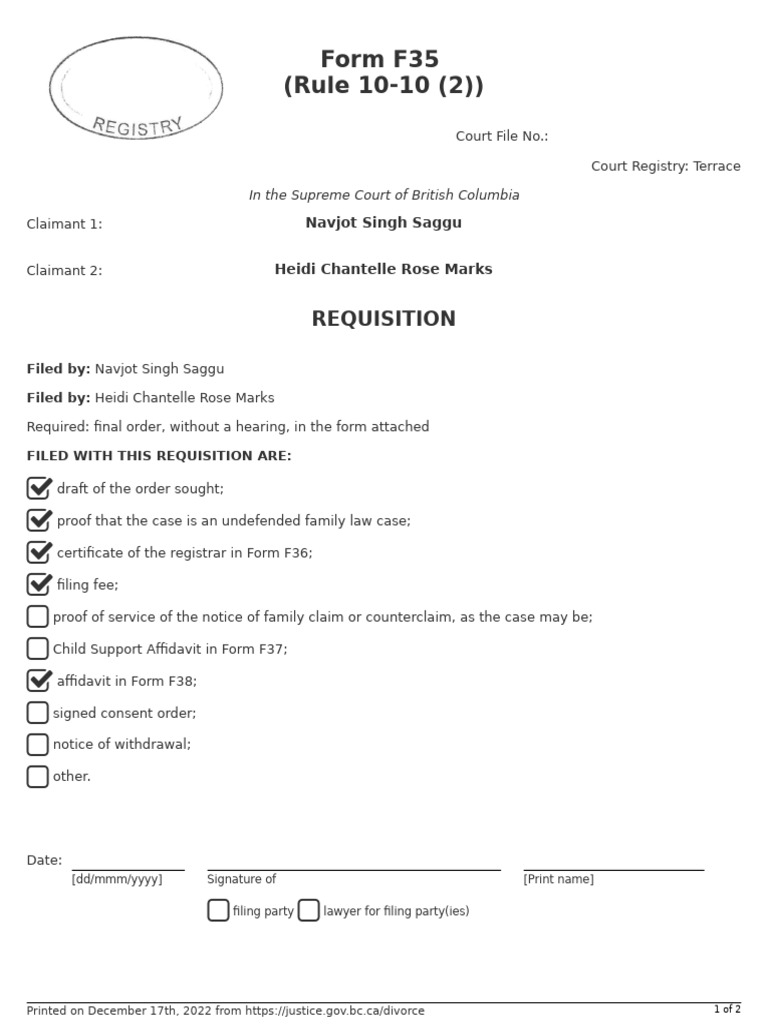 Requisition For Final Order (Form F35) | PDF